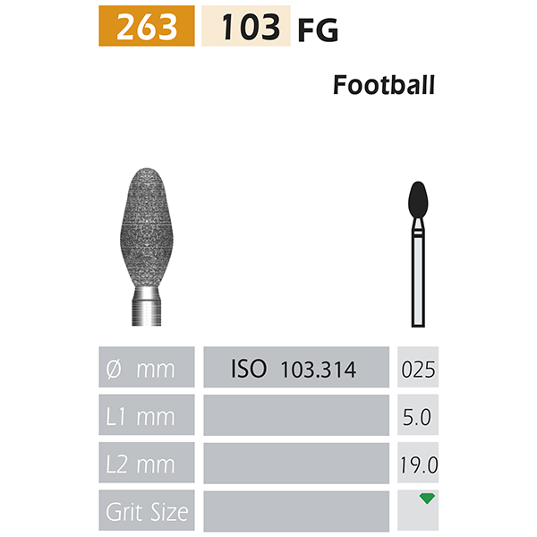 FG Diamond Bur 103 in the Shape of a Rugby Ball (5 pcs) - Bader